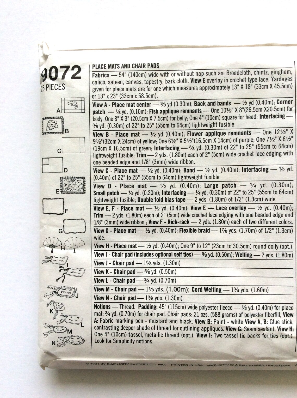 Simplicity 9072 Place Mats and Chair Pads Pattern Vintage - Etsy