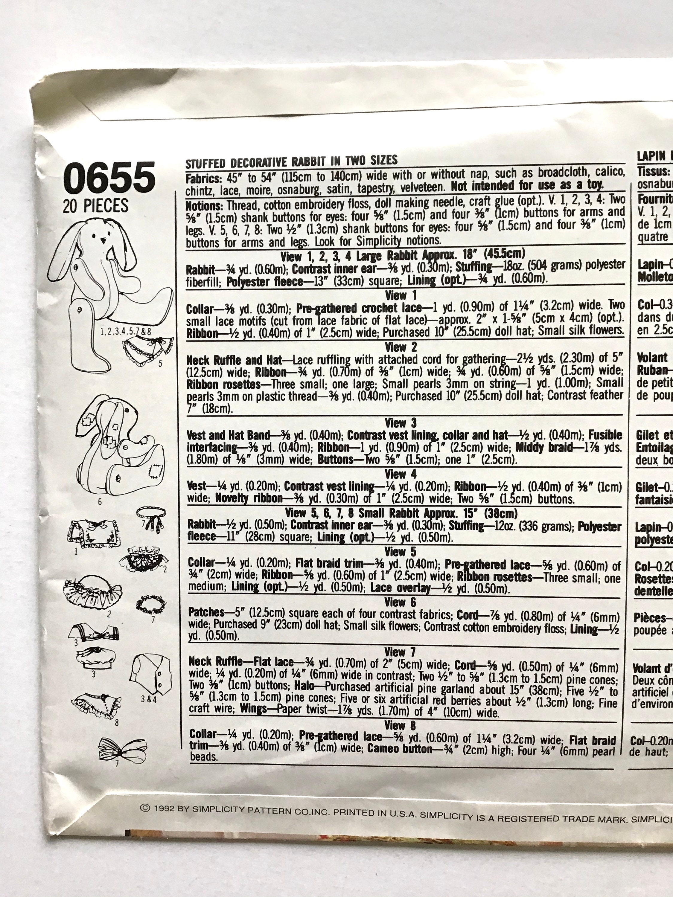 Simplicity 0655 / 8104 Bunny Pattern in 2 Sizes With Clothes, 18” and ...