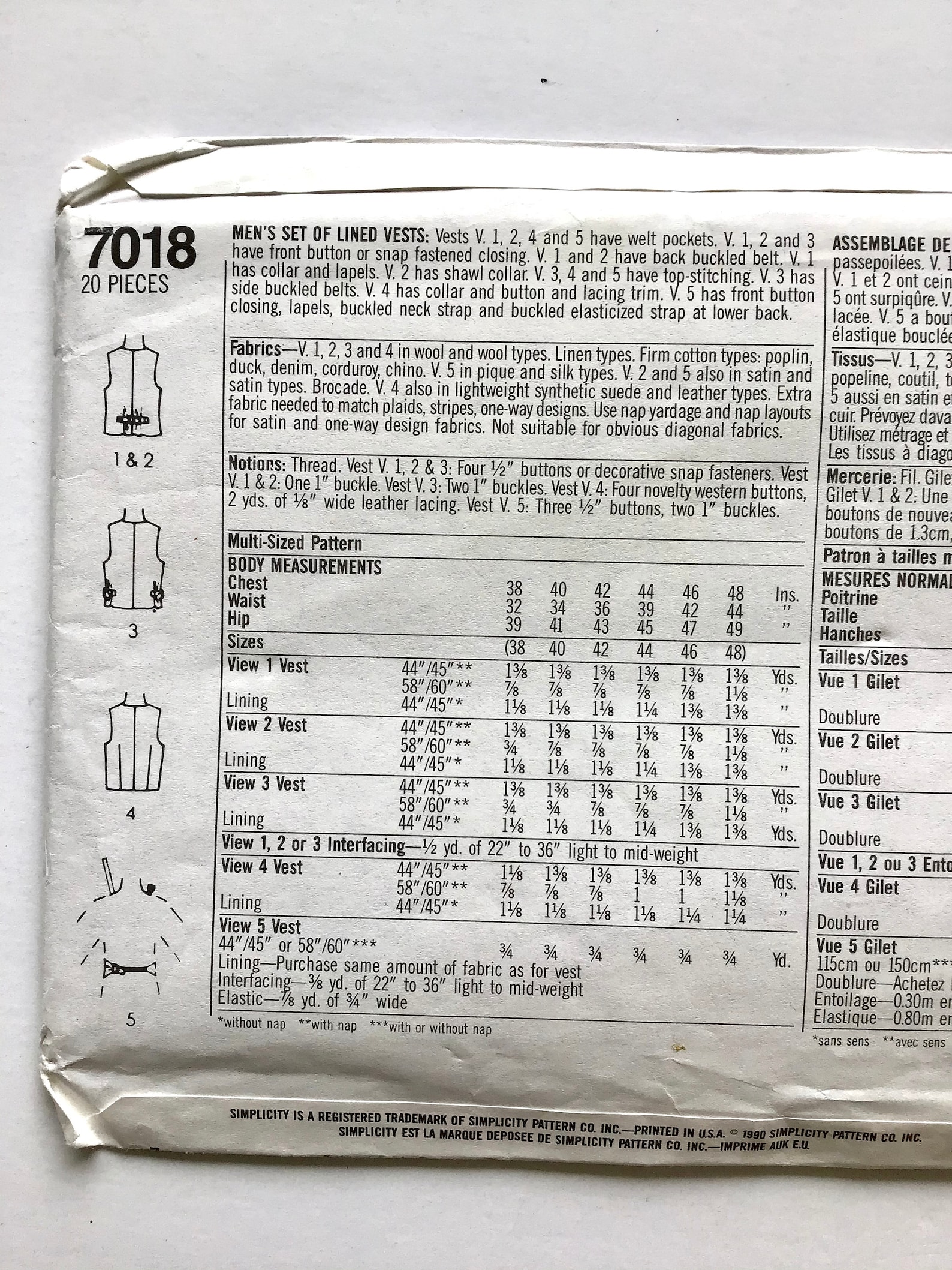 Simplicity 7018 Men's Vest Pattern Size 38-48 Vintage - Etsy