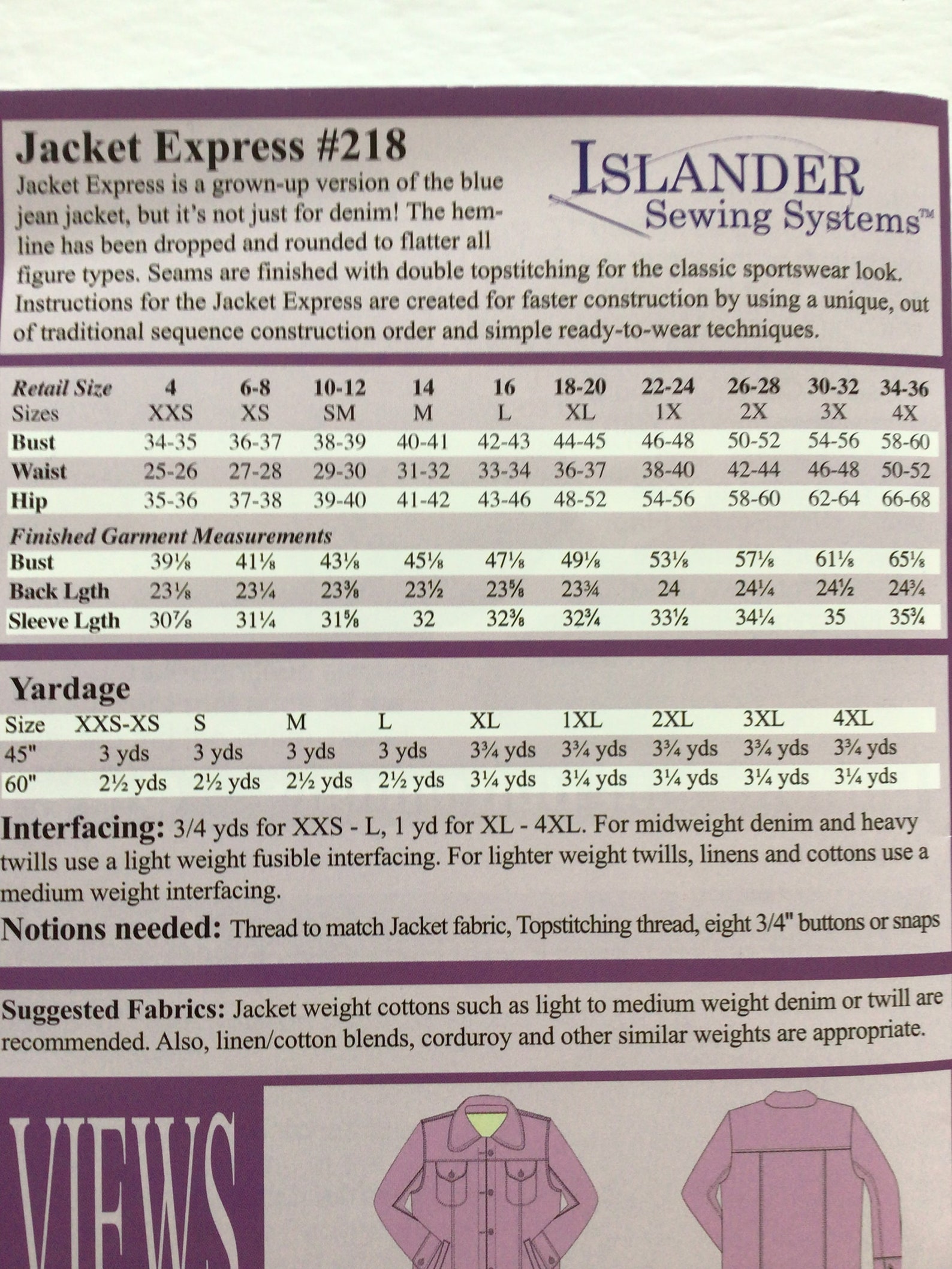 Islander Sewing Systems Jacket Express 218, Womens Jean Jacket Pattern ...