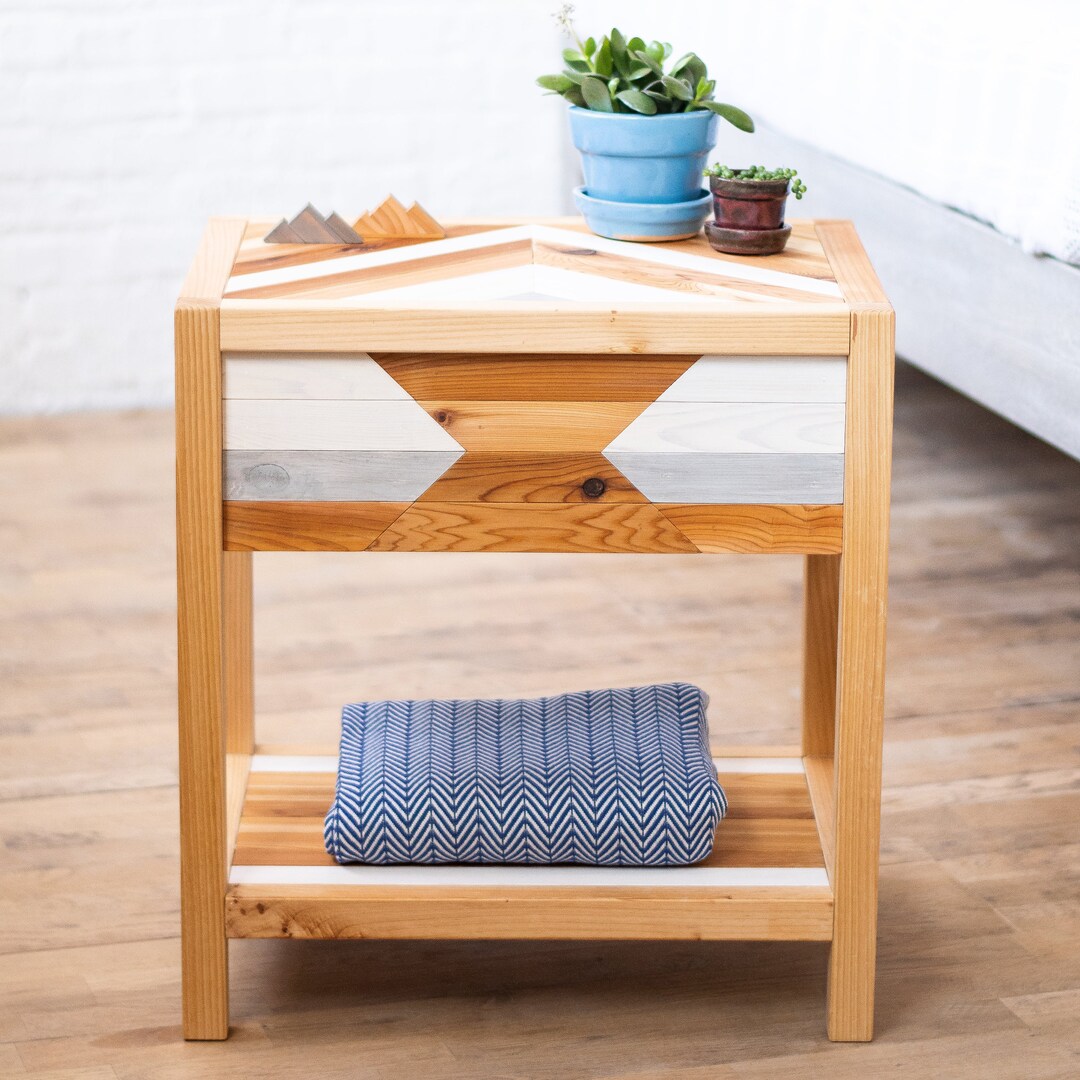 Tribal Rustic Chevron Solid Barn Wood Bedside Table / End Table ...