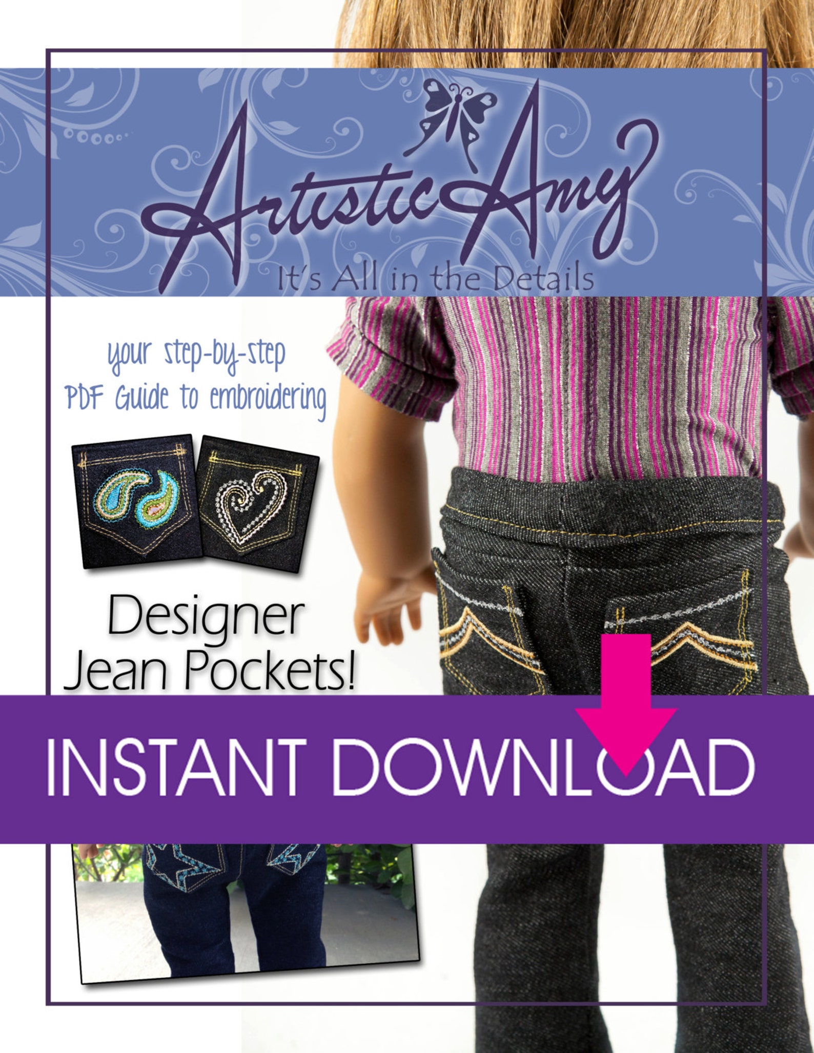 PDF Guide to Embroidering Designer Jean Pockets for American Girl Doll ...