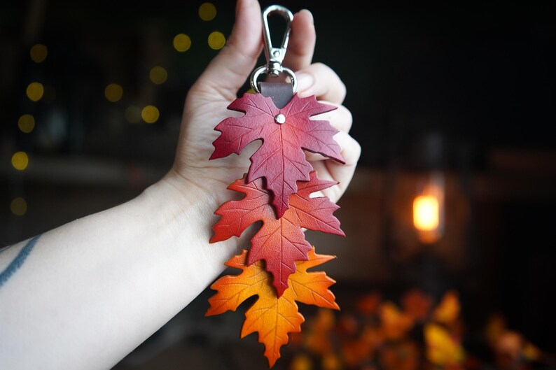Sugar Maple Fall Leaf Leather Bag Charm | Handmade Autumn Leaf Keychain ...