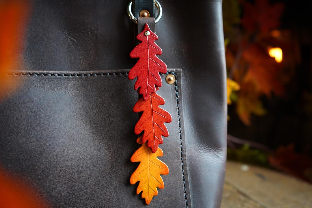 Fall Leather Oak Leaf Bag Charm | Handmade Autumn Leaf Keychain ...