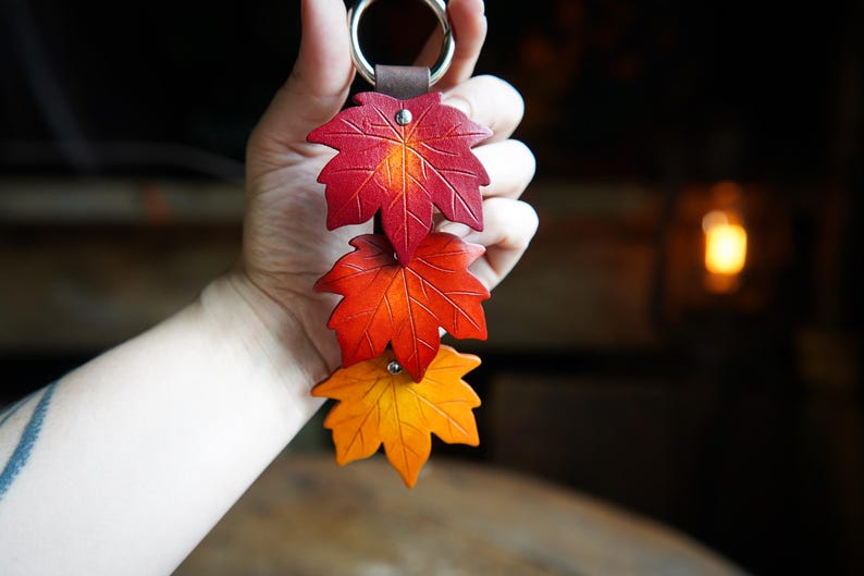 Fall Leather Maple Leaf Bag Charm | Handmade Autumn Leaf Keychain ...