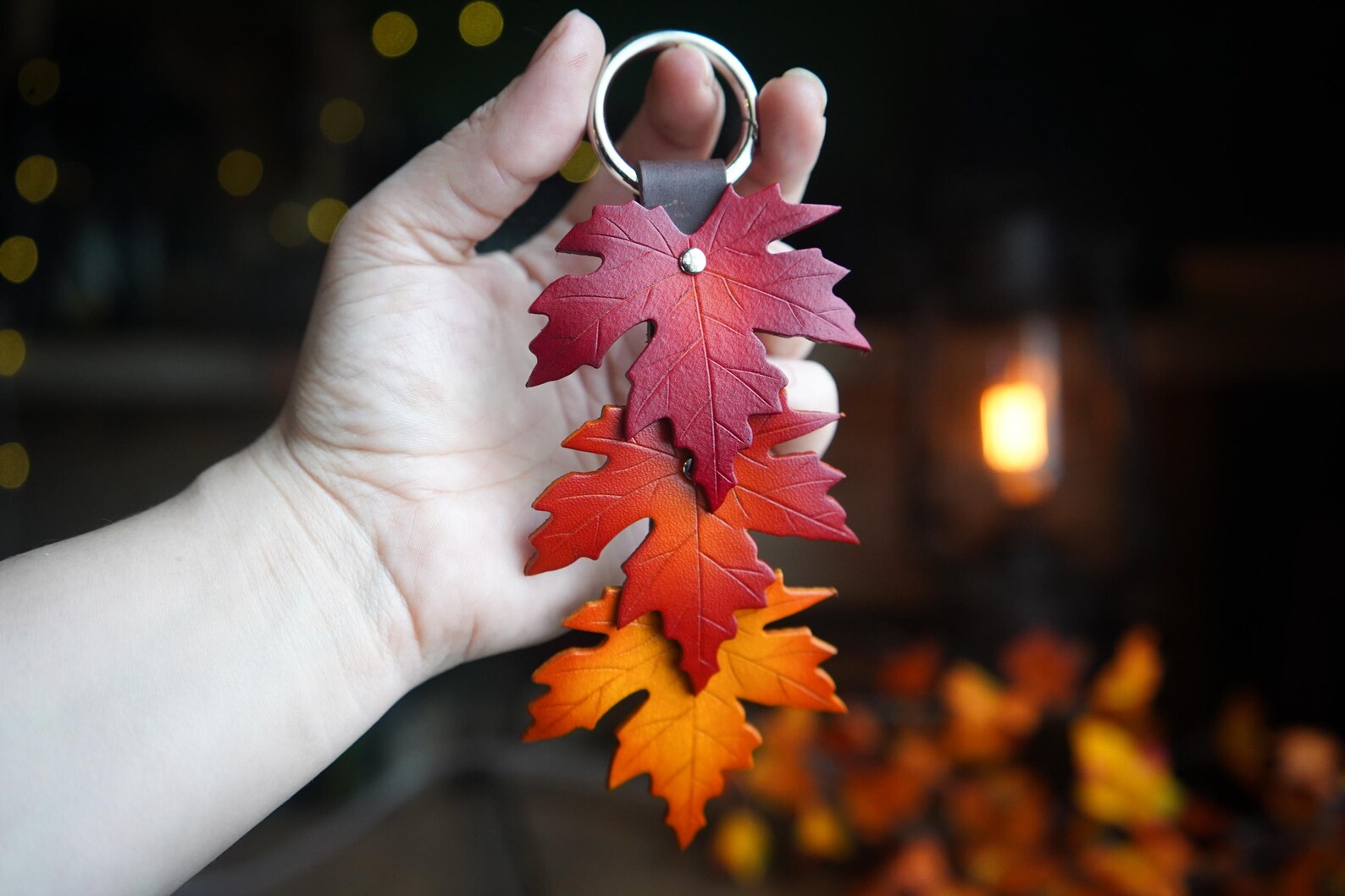 Sugar Maple Fall Leaf Leather Bag Charm | Handmade Autumn Leaf Keychain ...