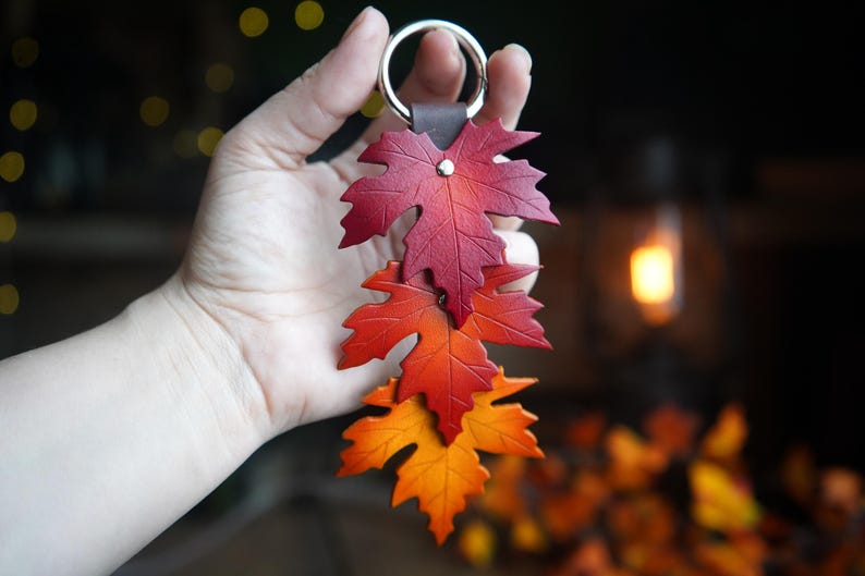 Sugar Maple Fall Leaf Leather Bag Charm | Handmade Autumn Leaf Keychain ...