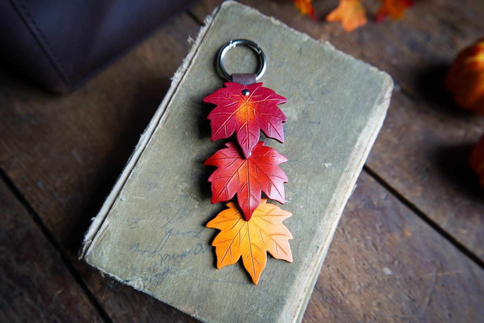 Fall Leather Maple Leaf Bag Charm | Handmade Autumn Leaf Keychain ...
