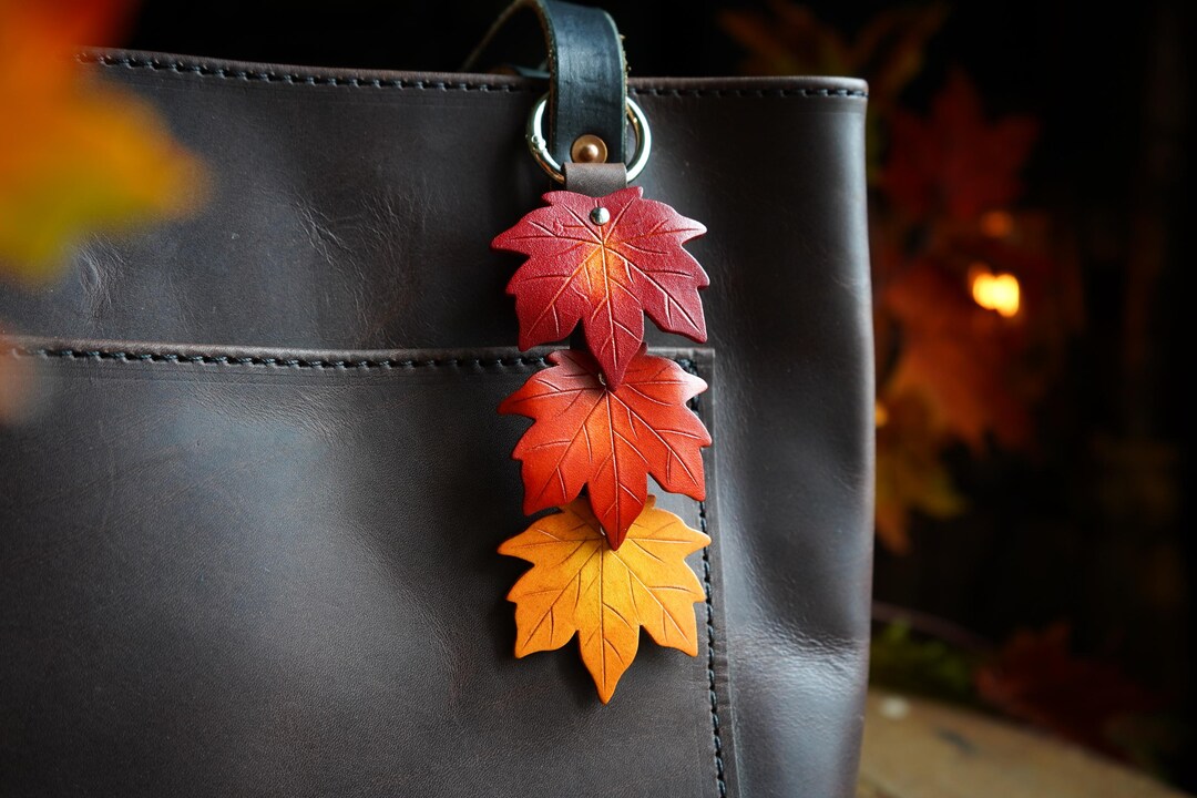 Fall Leather Maple Leaf Bag Charm | Handmade Autumn Leaf Keychain ...
