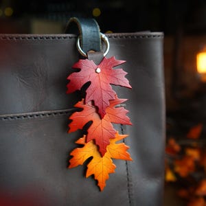 Sugar Maple Fall Leaf Leather Bag Charm | Handmade Autumn Leaf Keychain ...
