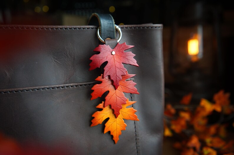 Sugar Maple Fall Leaf Leather Bag Charm | Handmade Autumn Leaf Keychain ...