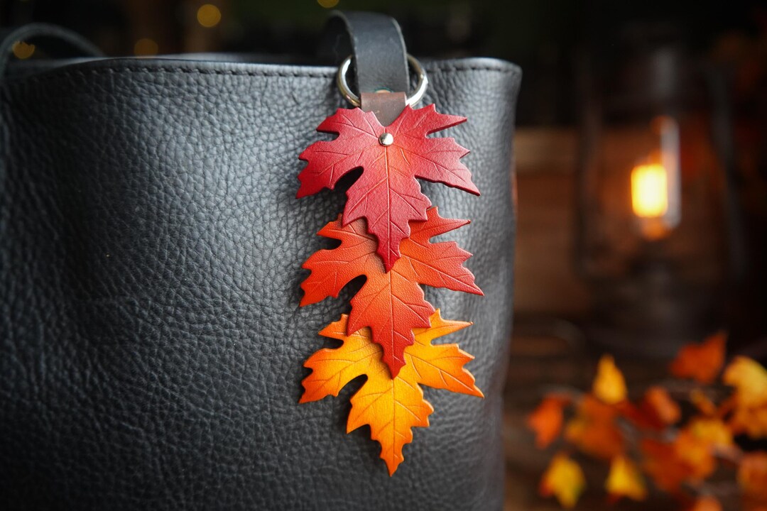 Sugar Maple Fall Leaf Leather Bag Charm | Handmade Autumn Leaf Keychain ...