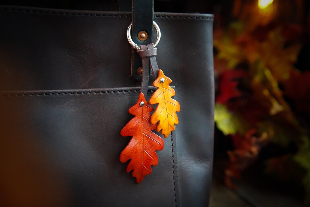 Oak Leaf Leather Bag Charm Keychain / Fall Gift Ideas / Cute Key ...