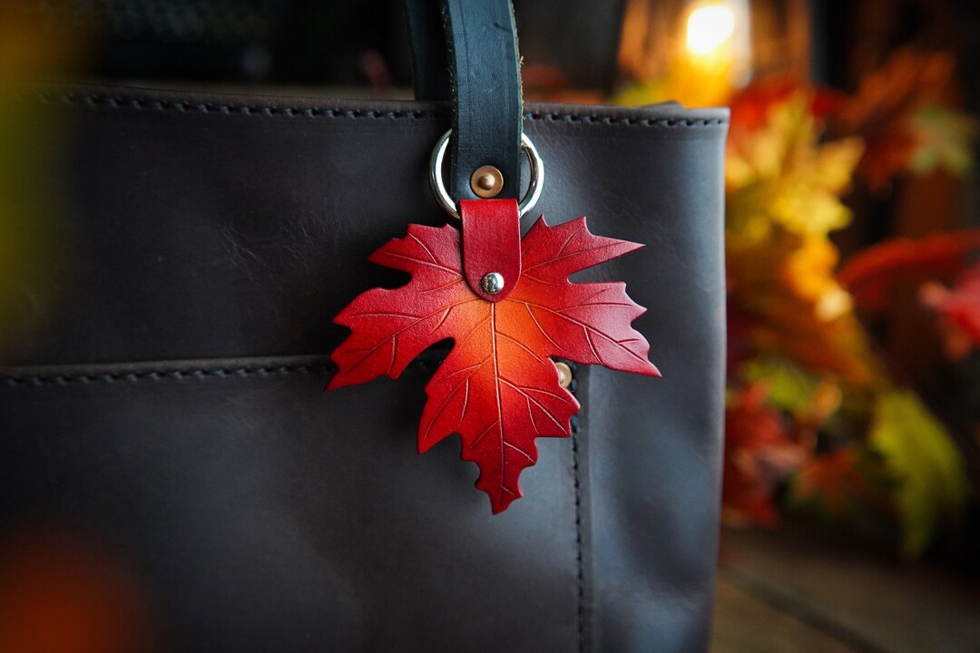 Maple Leaf Leather Bag Charm Large / Fall Keychain / Cute Key ...
