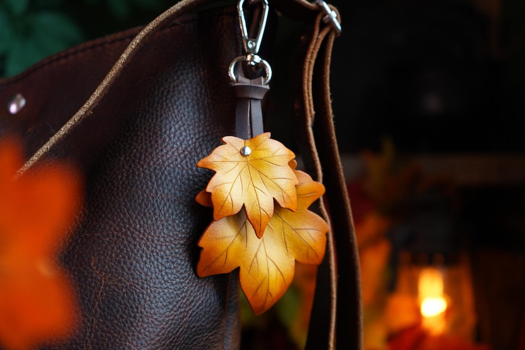 Maple Leaf Leather Bag Charm Keychain / Fall Gift Ideas / Cute Key ...
