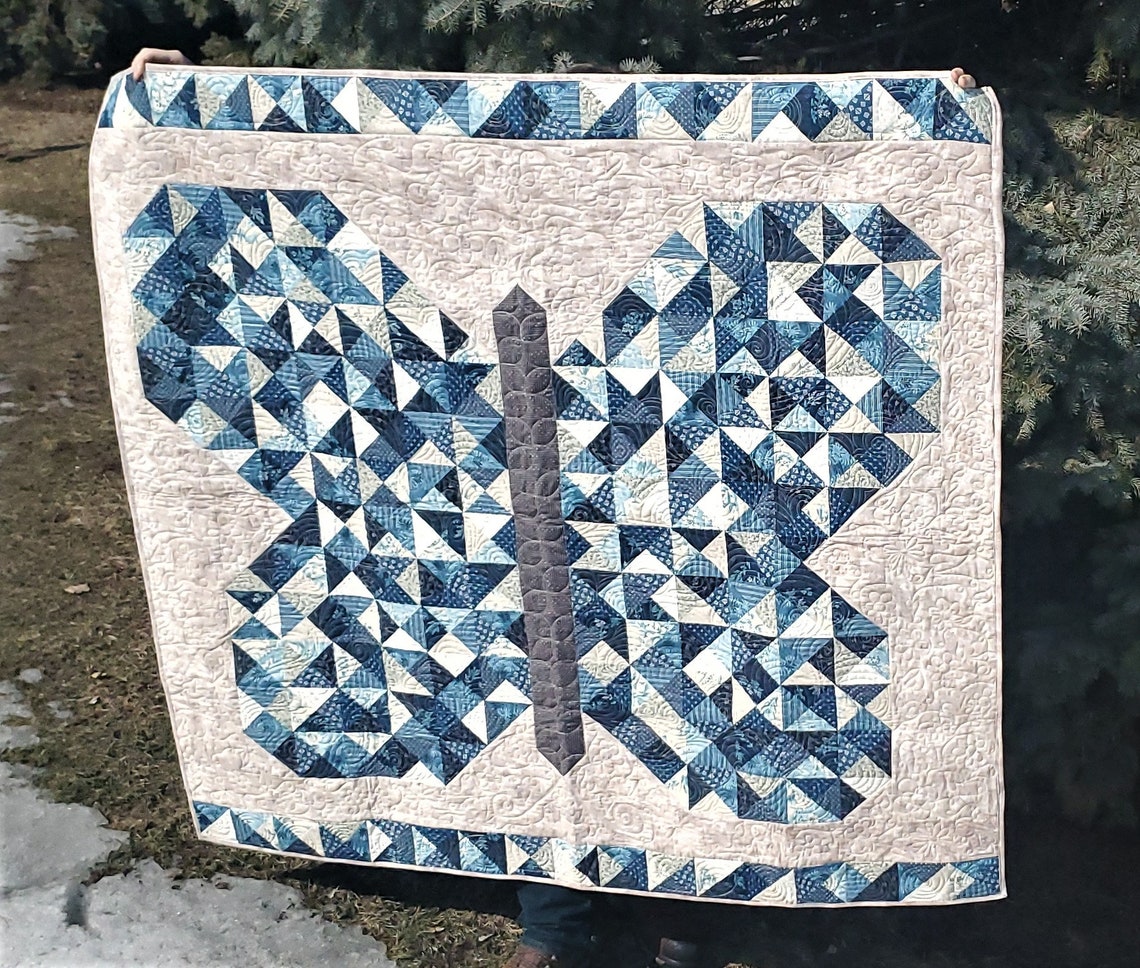 Cozy Blues & Creams Butterfly Quilt / Large Throw Size 68in X 64in / Flutterfly Pattern ...