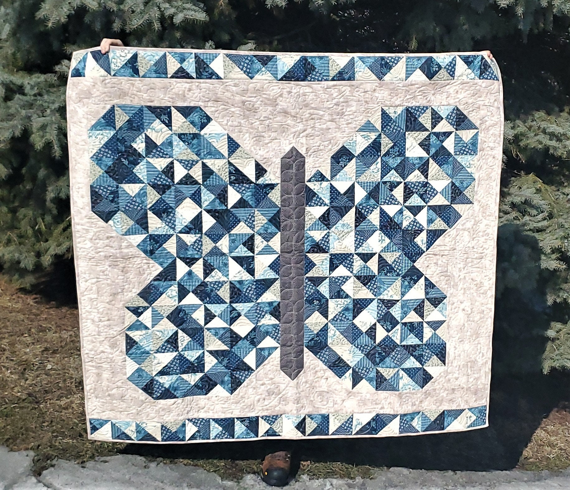 Cozy Blues & Creams Butterfly Quilt / Large Throw Size 68in X 64in ...