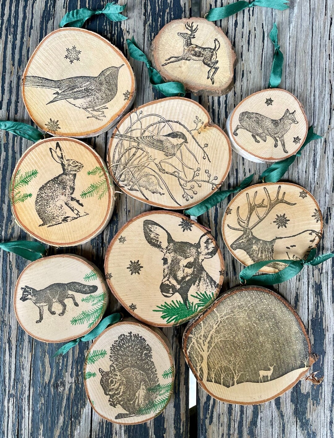 Handmade Woodland Animal Wood Slice Ornaments, Vintage Style Set - Etsy