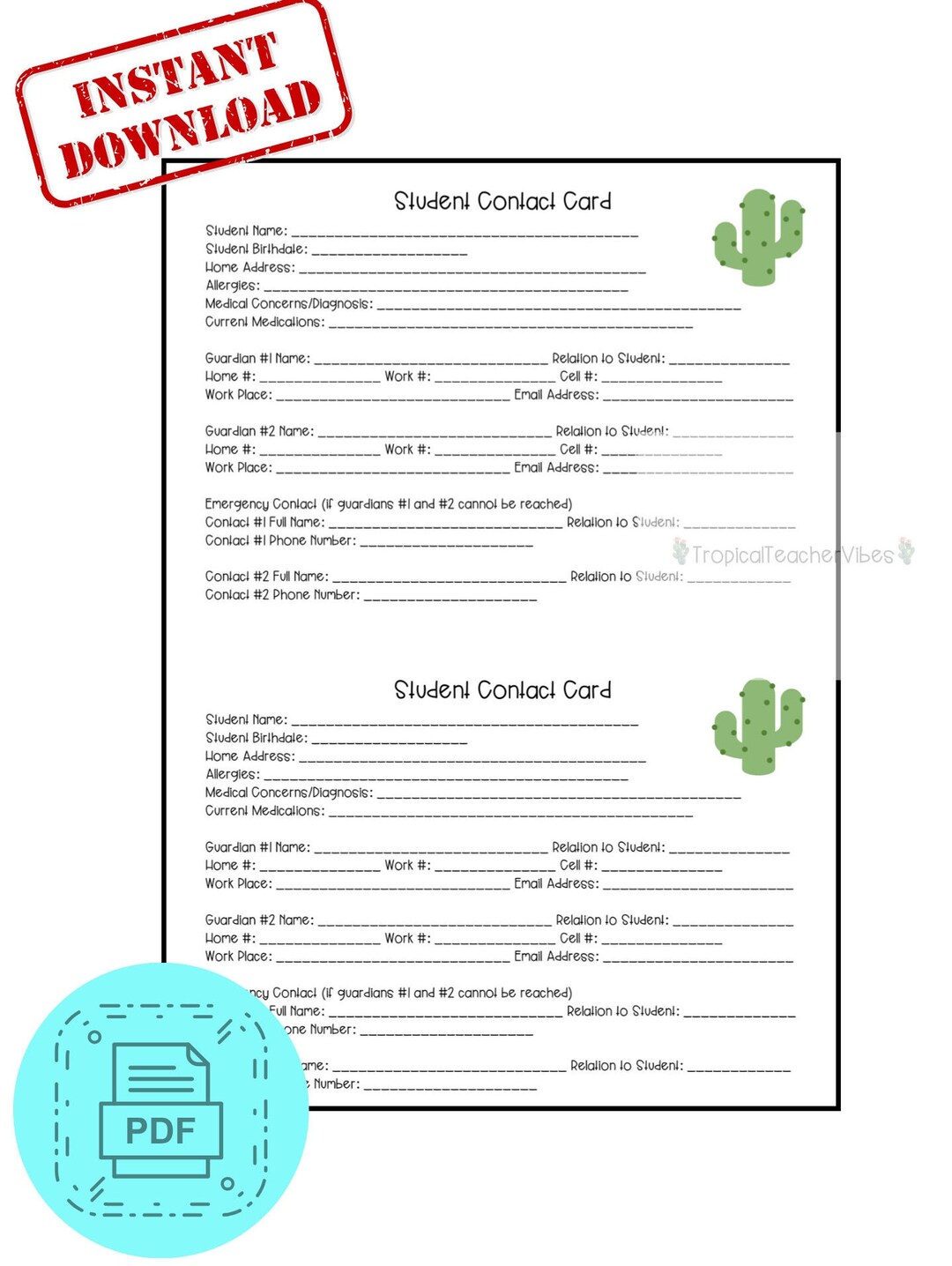 Cactus Student Contact Card - Etsy