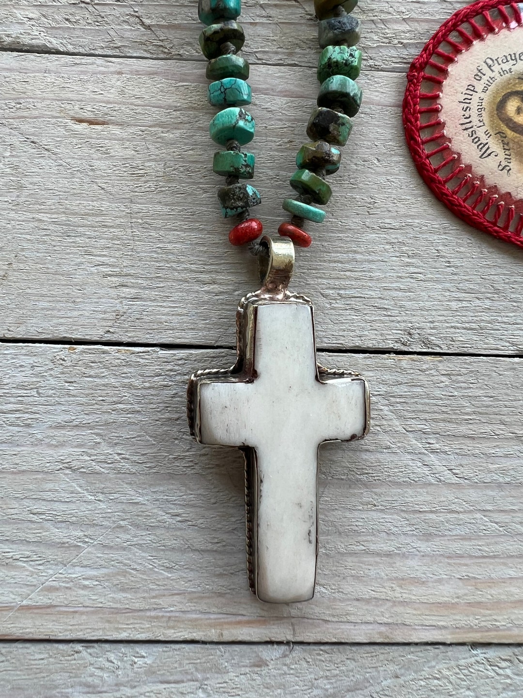 Tibetan Bone Cross on Turquoise Heishi Beads. Adjustable Deerskin ...