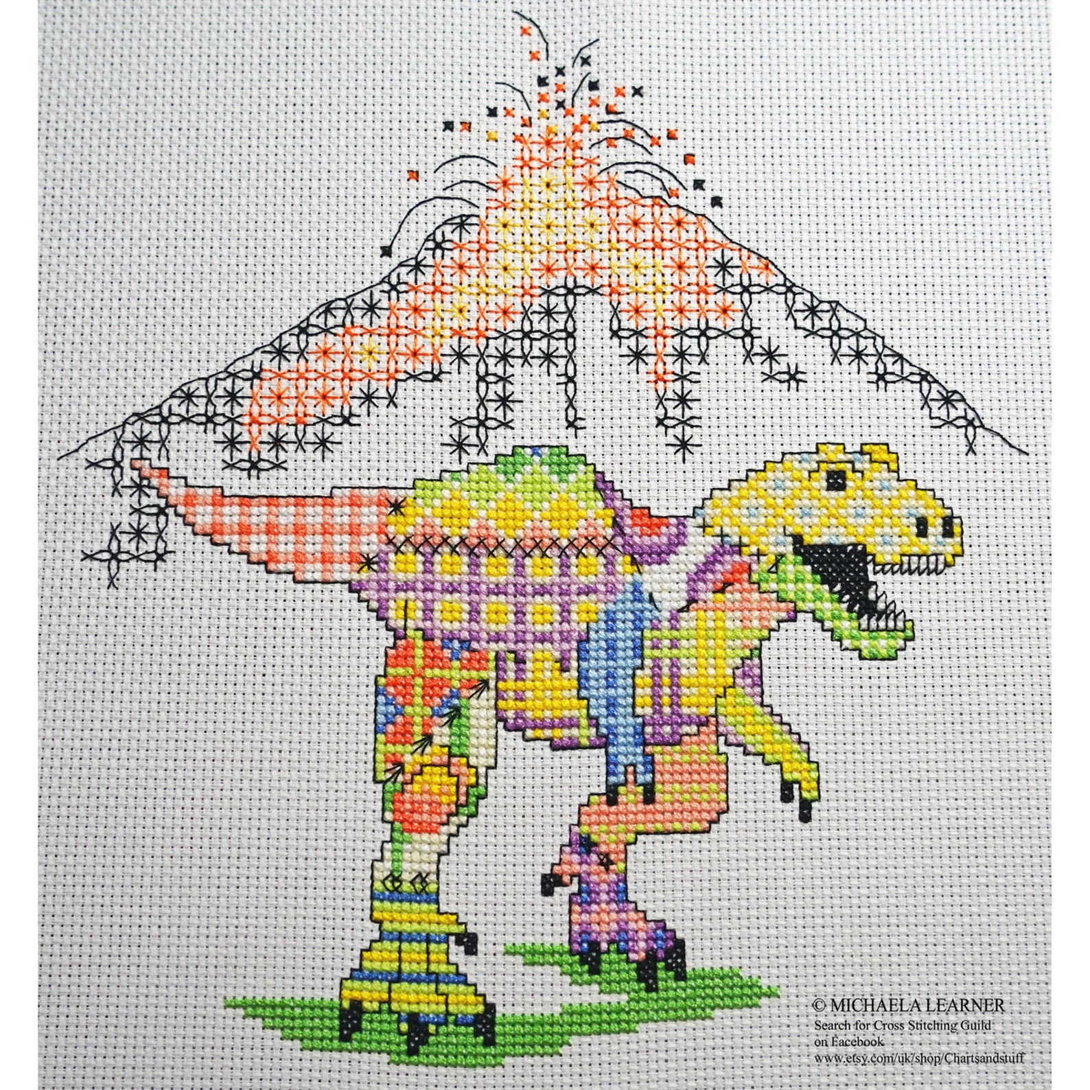 Patchwork T-rex Cross Stitch With Blackwork Volcano PDF Download ...
