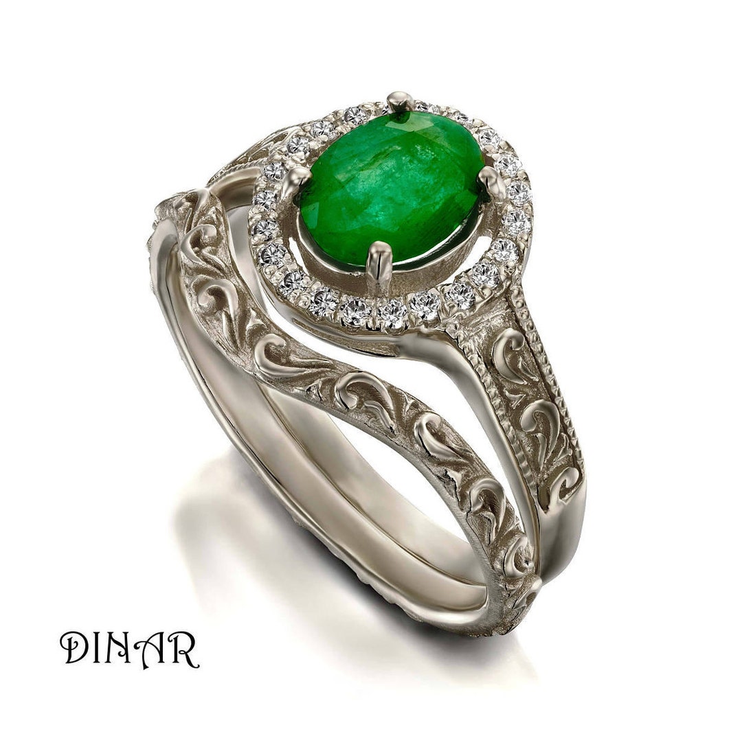 Emerald Bridal Set, Vintage Style Bridal Ring Set Emerald Diamonds Ring ...