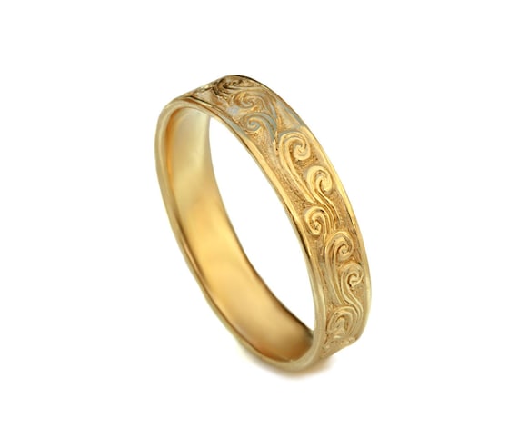 Scrolls Wedding Band 14k Solid Gold Art Deco Wedding Ring Women s Band Solid Gold Band Hand Engraved Swirl Patterned Band Swirl Ring Etsy