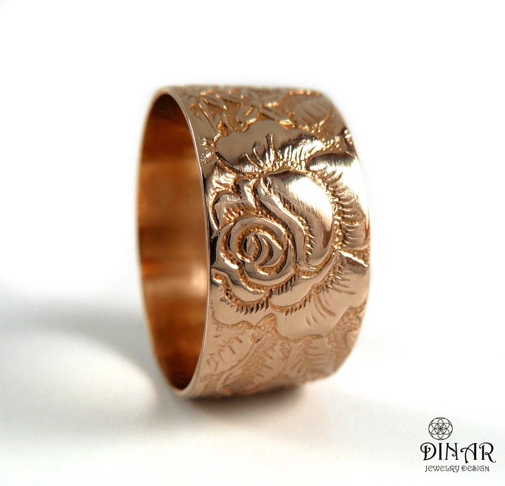 Rose Flower 14k Rose Gold Wedding Band ,wide Victorian Wedding Ring ...