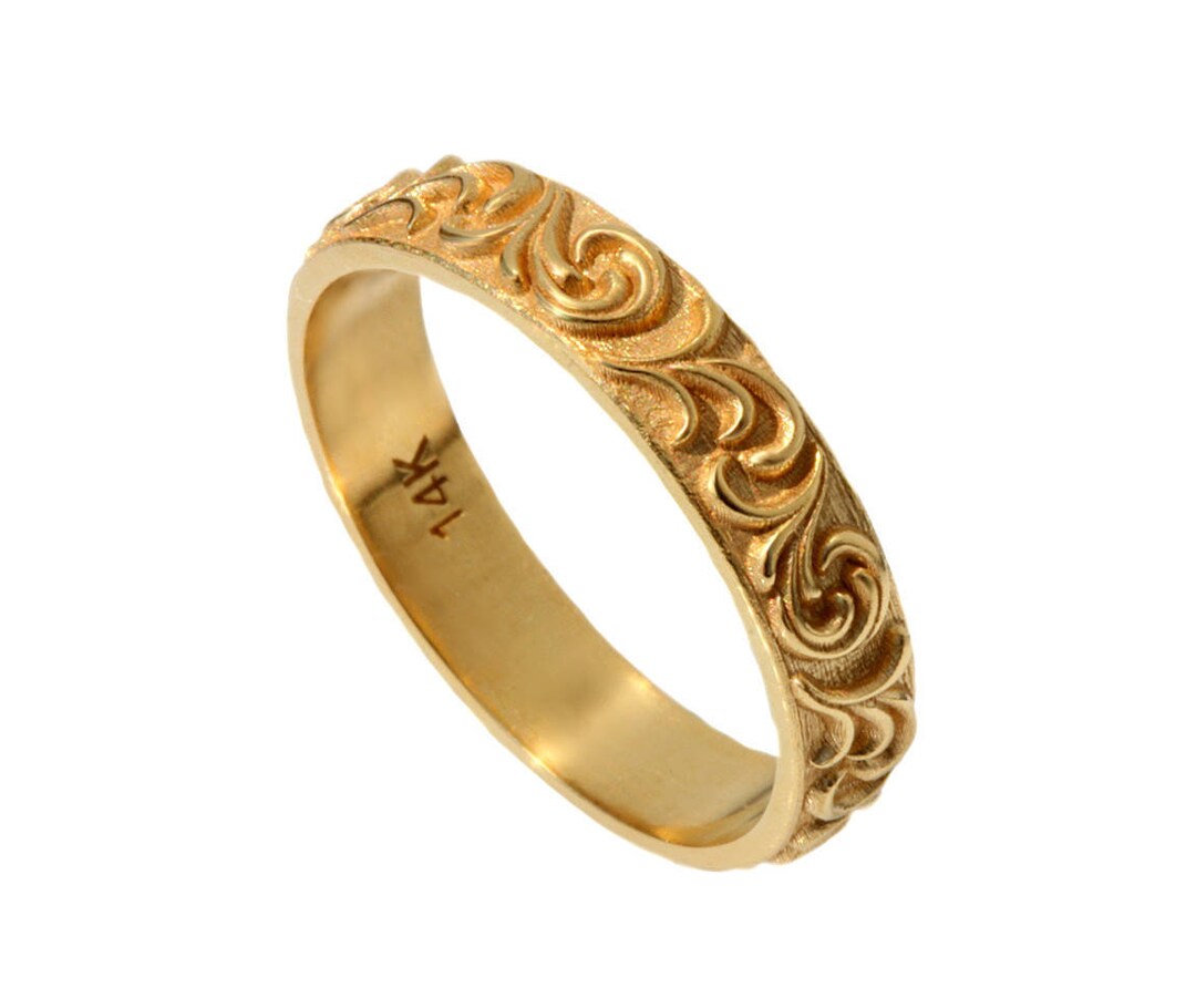 14k Scrolls Leaves Wedding Ring Band, Art Deco Scroll Leaf's Engraved ...