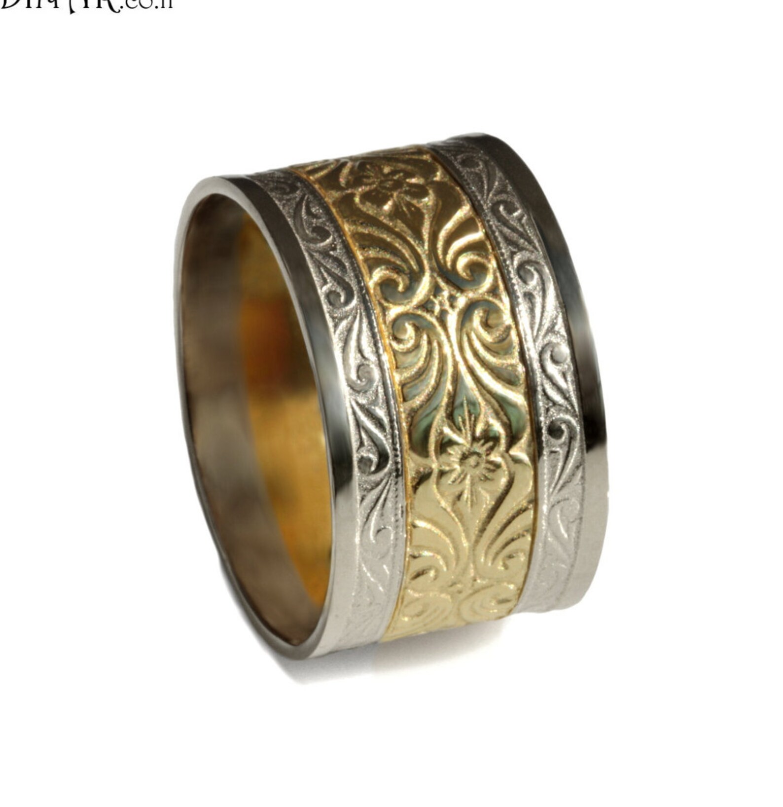 14k Gold and Silver Engraved Wedding Band, Two Tone Scrolls Art Deco ...