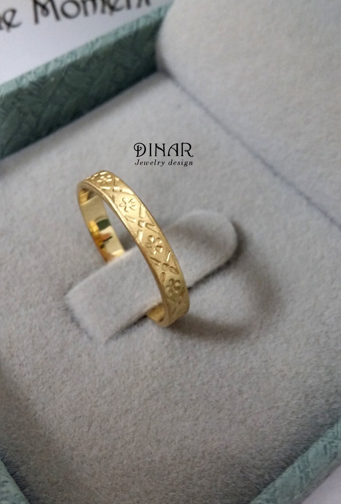 14k Gold Stack Ring Thin Solid Gold Engraved Floral Wedding - Etsy