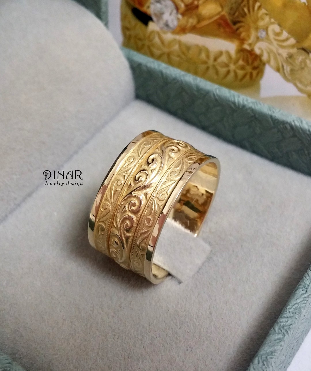 Engraved Scrolls Wide 14k Gold Wedding Ring, Large Gold Wedding Band ...