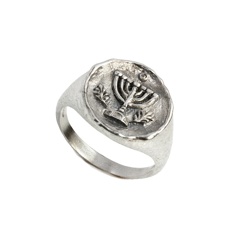 Silver Jewish Menorah Signet Ring, Israeli Antique Style Ring Jewish ...
