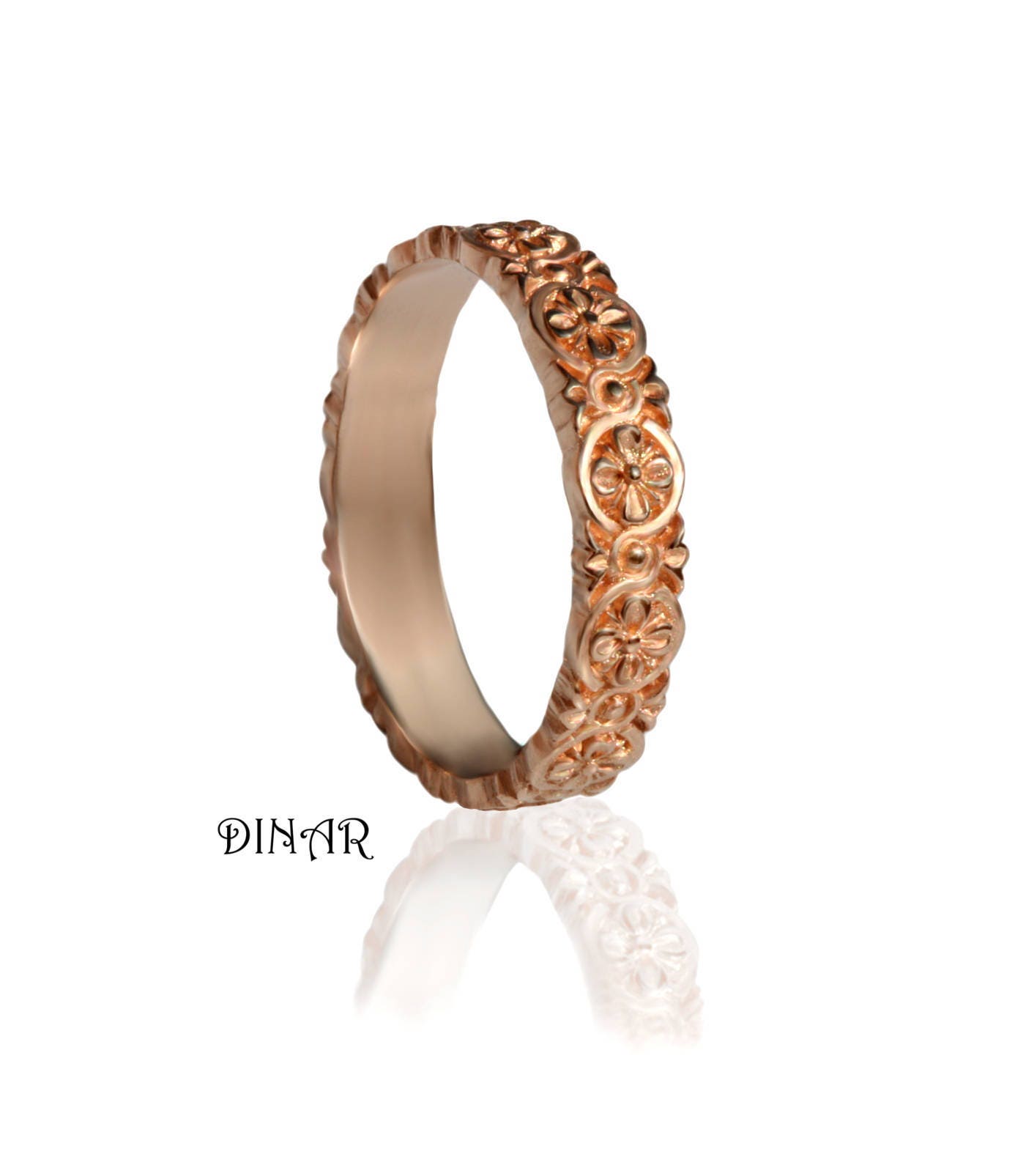 14k Dainty Floral Gold Ring, Flowers Leaves Engraved Thin Flourish ...