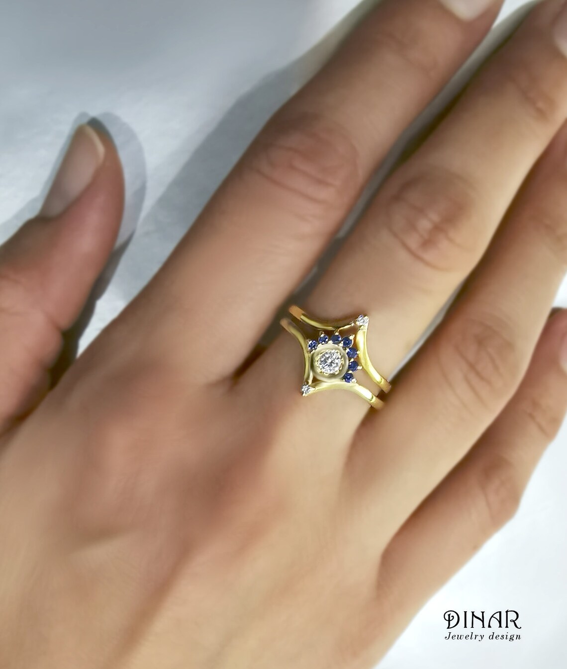 Curved Crown Cluster Engagement Ring Diamonds and Blue | Etsy