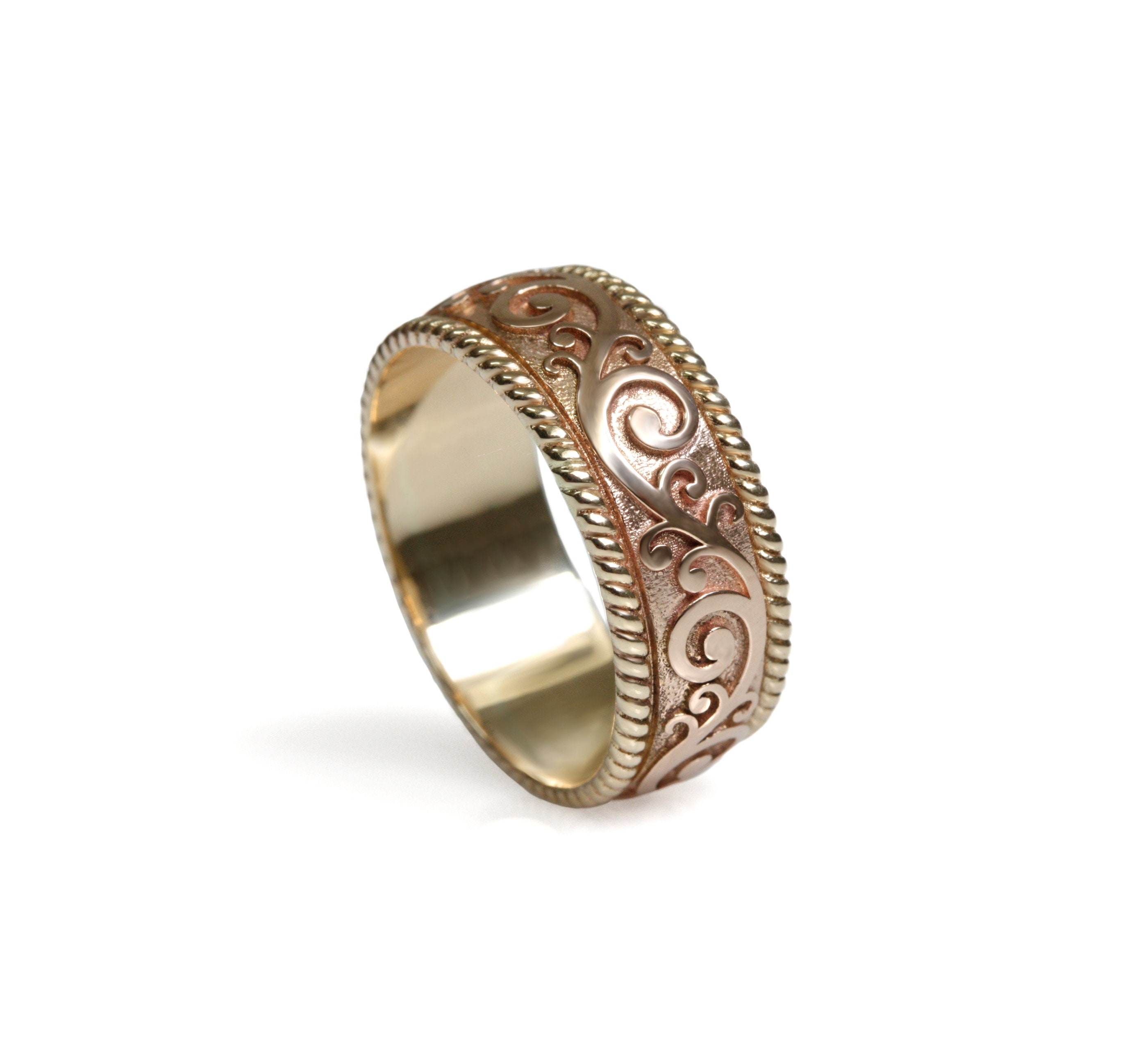 Wide wedding ring 14k gold rope sides swirls vintage antique | Etsy