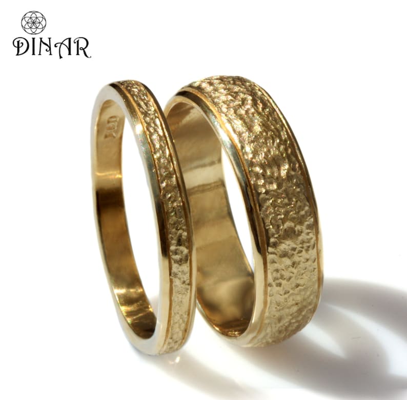 Rustic Wedding Set 14k Solid Yellow Gold Wedding Rings | Etsy