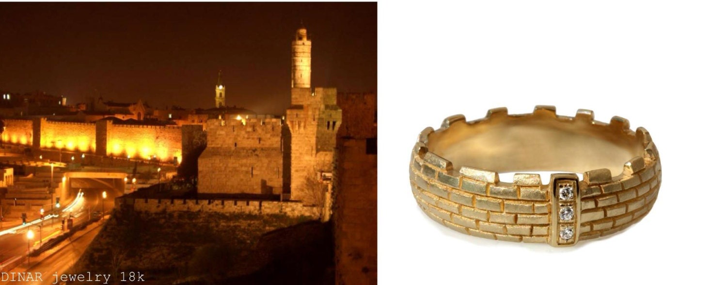 Jerusalem Bricks Wedding Ring 14k Solid Gold hand Engraved | Etsy