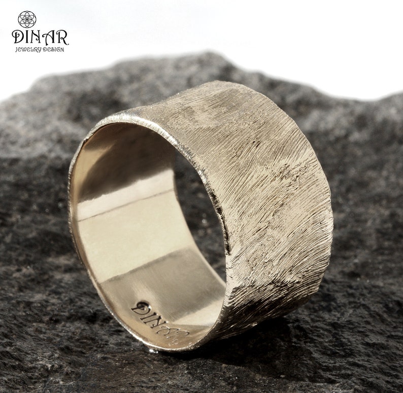 Mens Wedding Band 14k Gold Rustic Style Hammered Tree Bark Ring , Wide ...