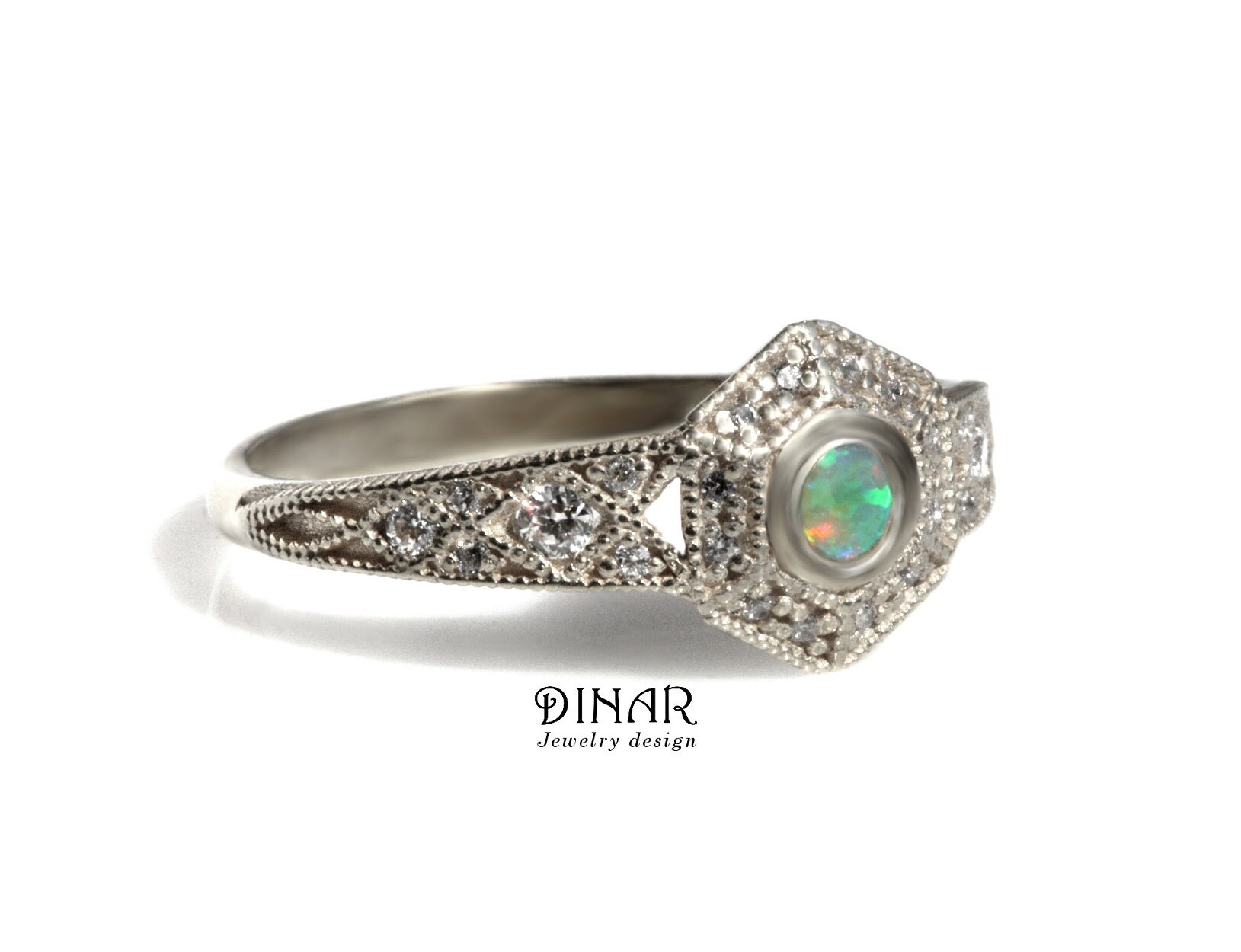 Hexagon white fire opal and diamonds gold ring unique | Etsy