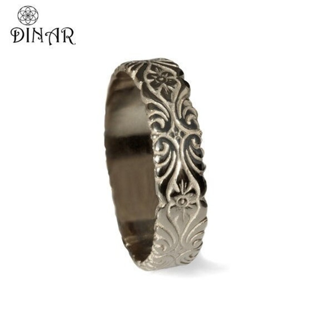 Silver Women Ring Art Deco Hand Engraved Floral Pattern Wedding Band ...