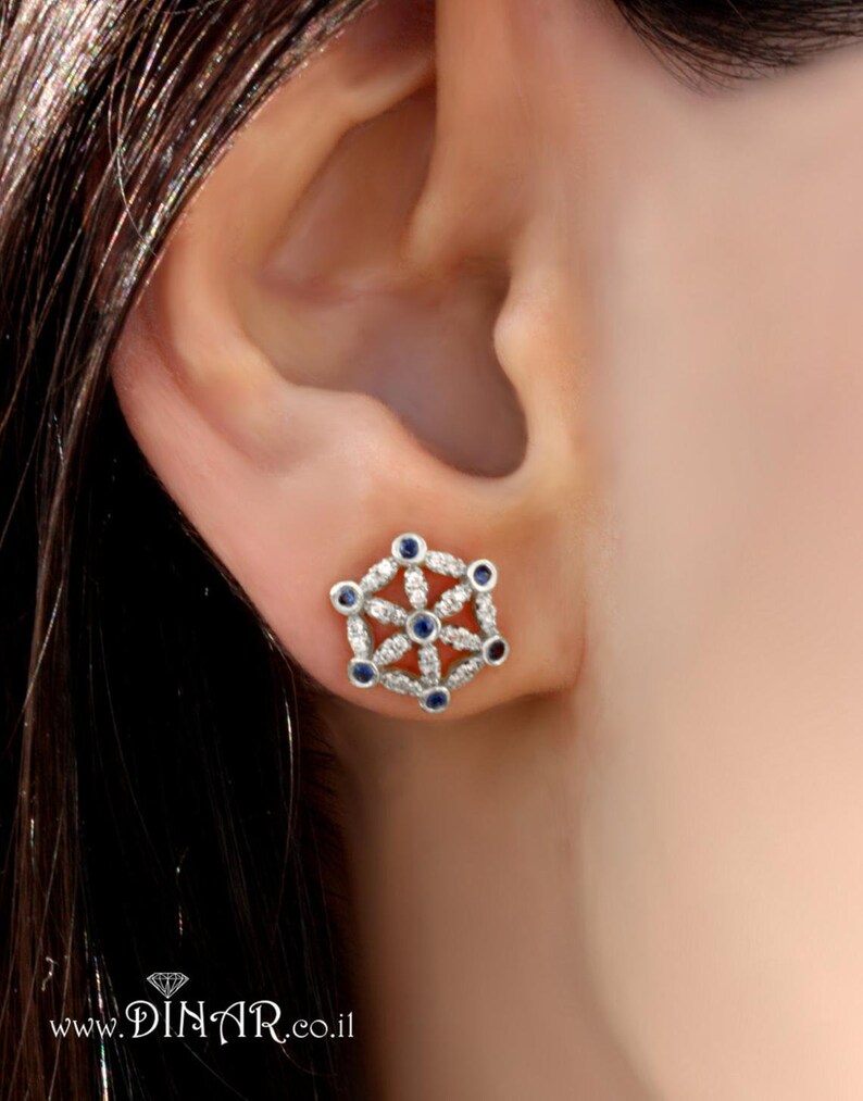 18k Gold Sapphire Diamond Earrings Post Gold Diamonds - Etsy Israel