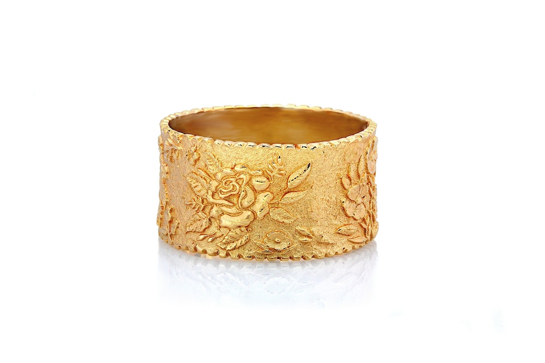 14k Solid Gold Flowers Wedding Ring , Rose Flower Gold Wedding Ring ...
