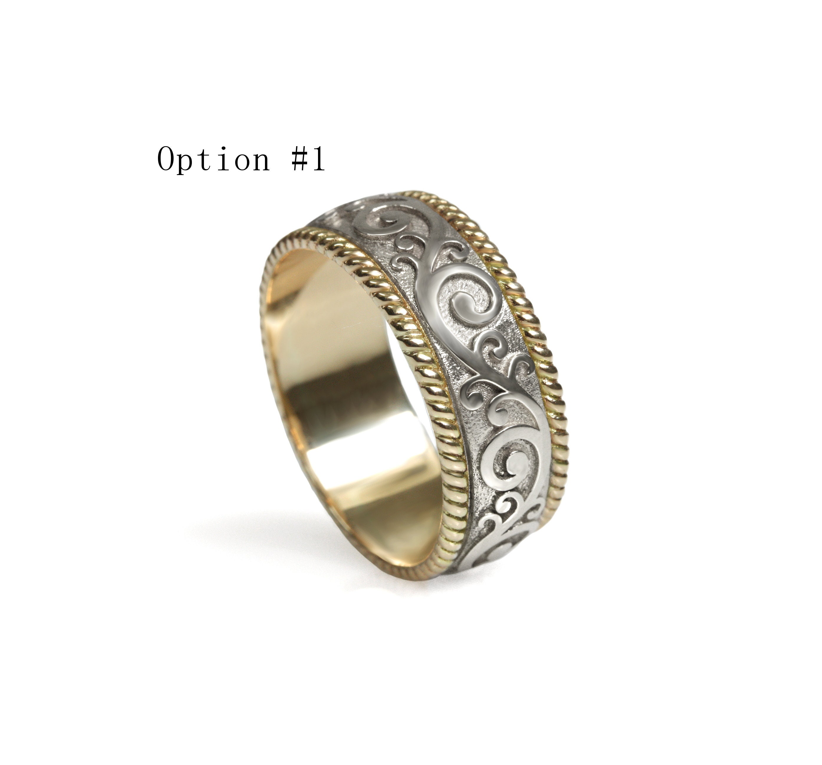 Wide wedding ring 14k gold rope sides swirls vintage antique | Etsy