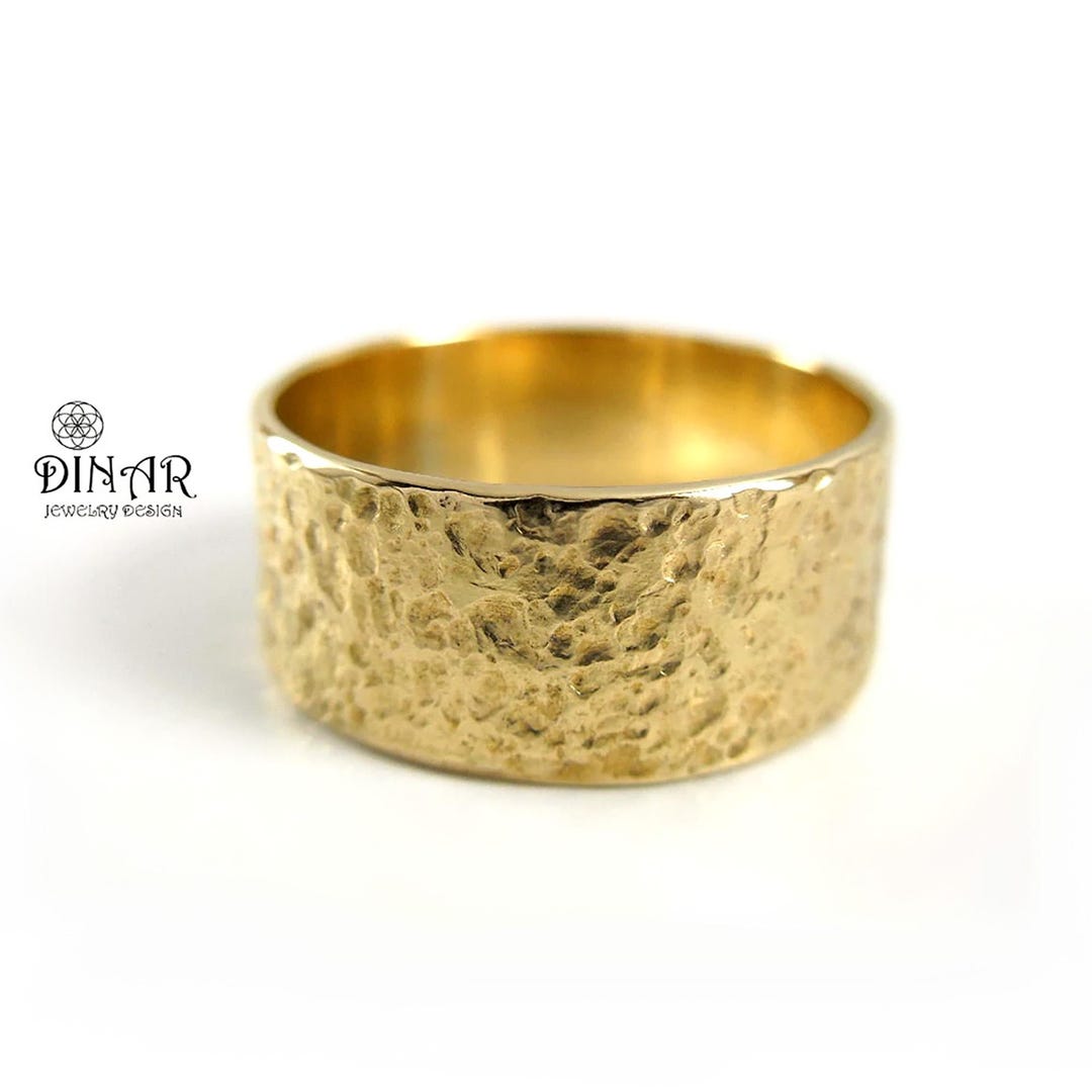 Hammered Wide Men Wedding Ring Band 14k Solid Gold ,rustic Earthy ...