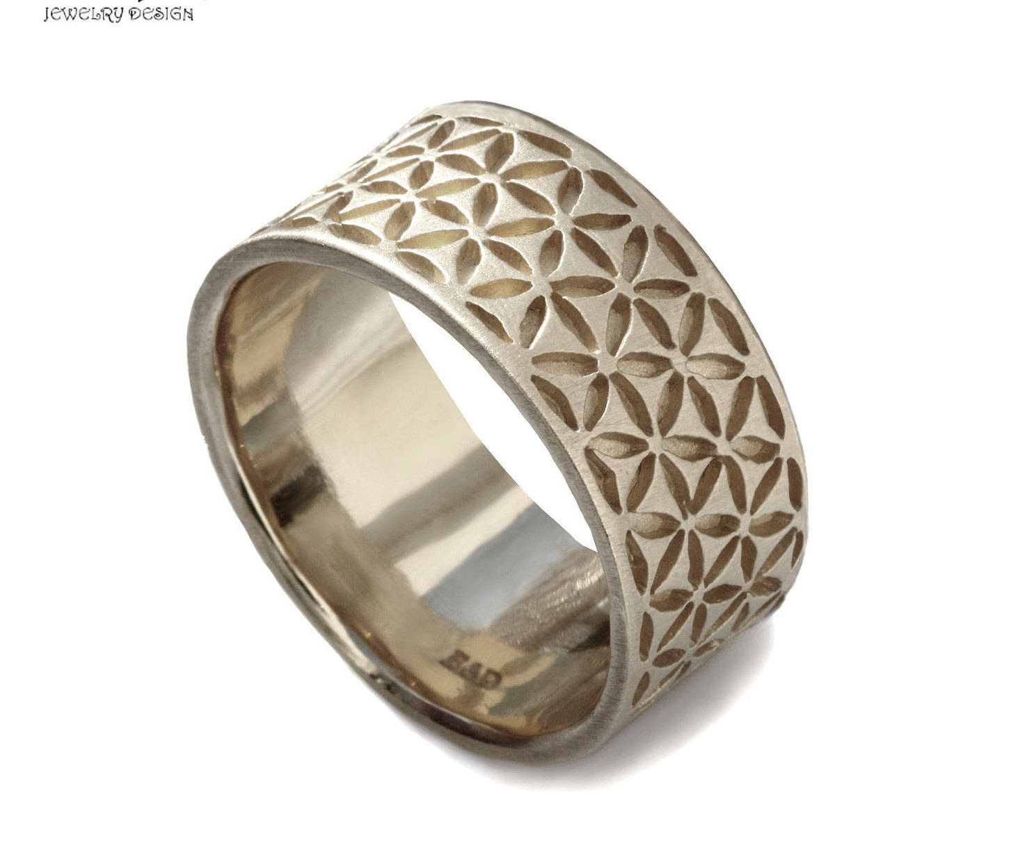 14k Solid Gold Flower of Life Wide Men's Wedding Ring Band, Geometric ...