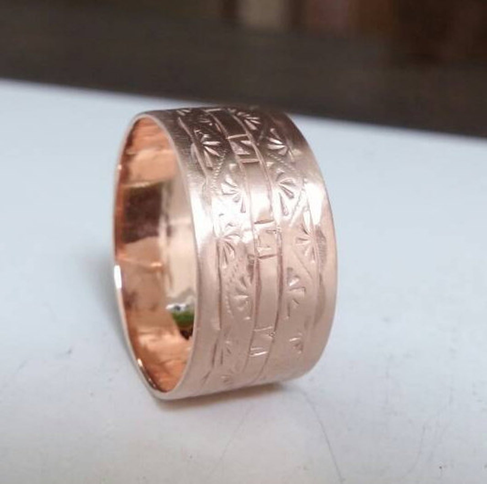 18k Gold Engraved Vintage Pattern Wide Men's Wedding Ring, Wide 18k ...