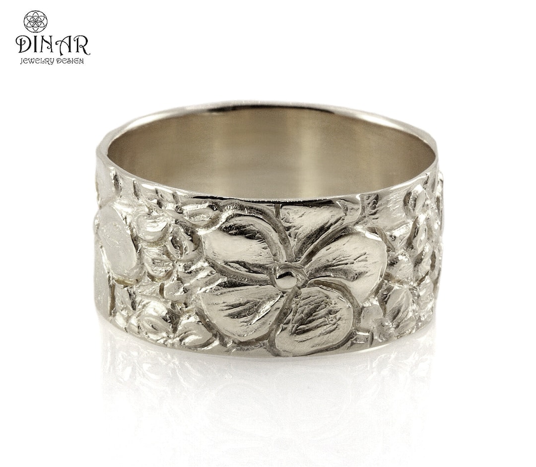 Silver Floral Wedding Band ,wide Flower Ring, Engraved Flower Ring ...