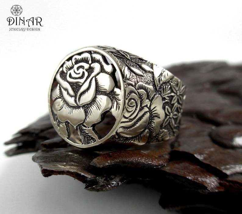 Rose Flower Silver Signet Ring, Sterling Silver Victorian Ring ...