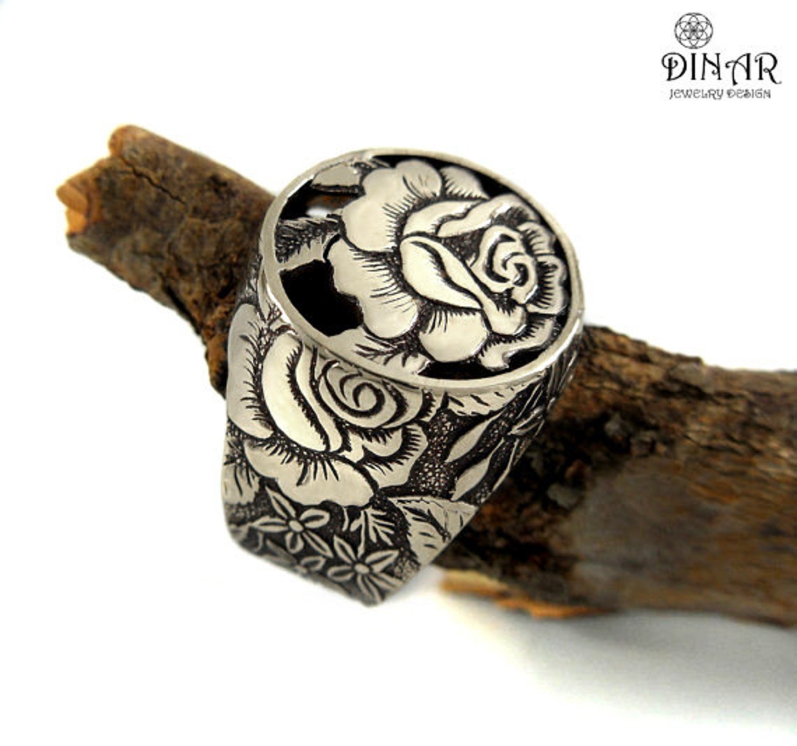 Rose Flower Silver Signet Ring Sterling Silver Victorian - Etsy